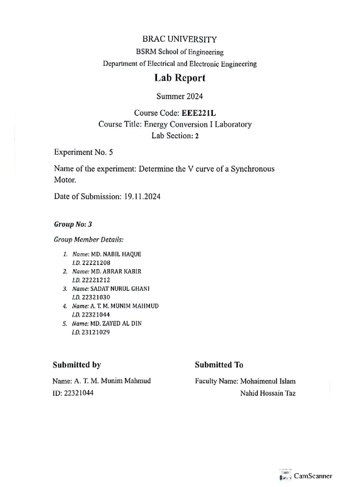 EEE221L Exp5 Group 3 - V Curve Analysis of Synchronous Motor Lab Report ...