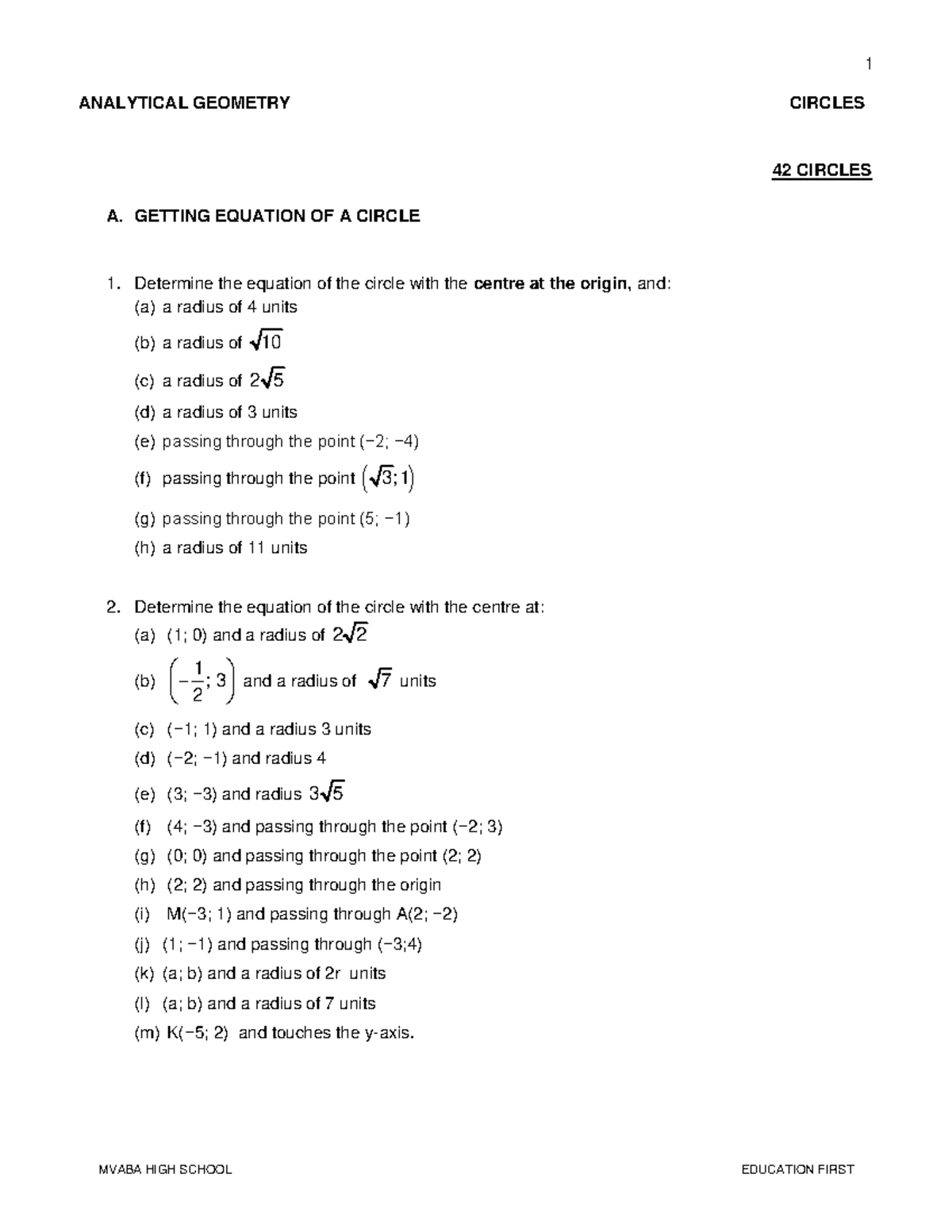 Analytical Geometry: Equations of Circles - Introductory Guide - Studocu