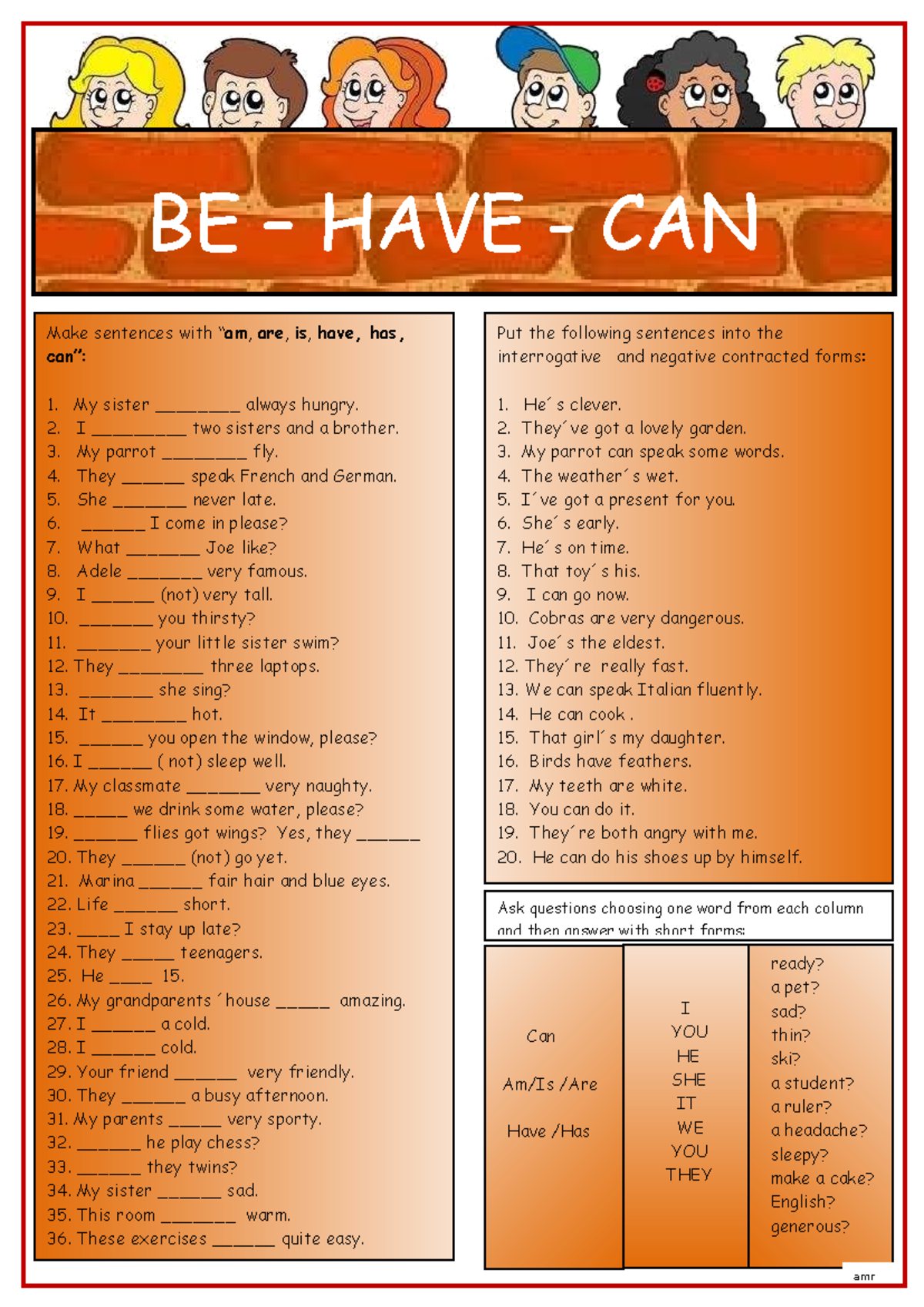 Be-Have-Can Worksheet: Sentence Formation & Interrogative Practice ...