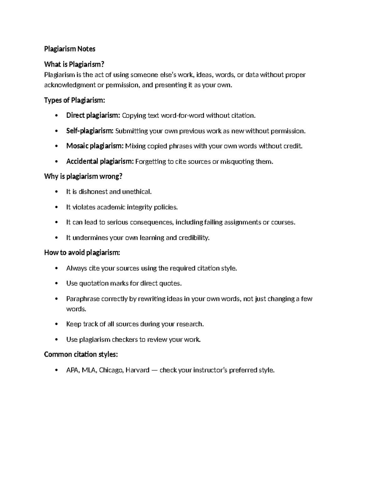 Plagiarism Notes: Understanding and Avoiding Academic Dishonesty - Studocu