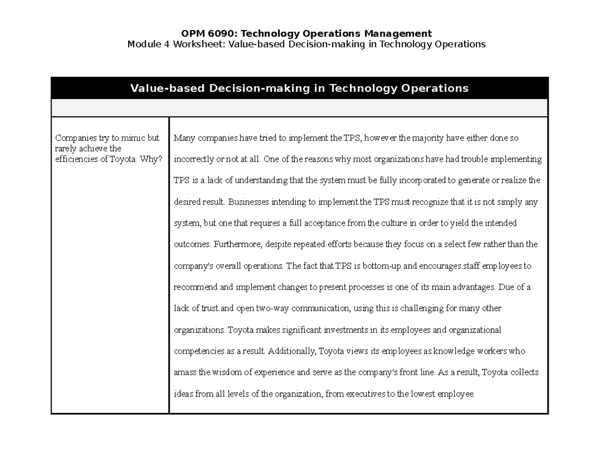 OPM 6090 Module 4: Value-based Decision-making in Technology Ops - Studocu