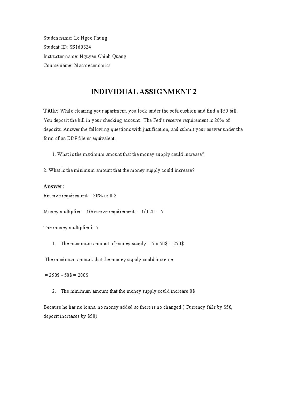 ECO Indi 2 - Exercise of ECO111 - Studen name: Le Ngoc Phung Student ID ...