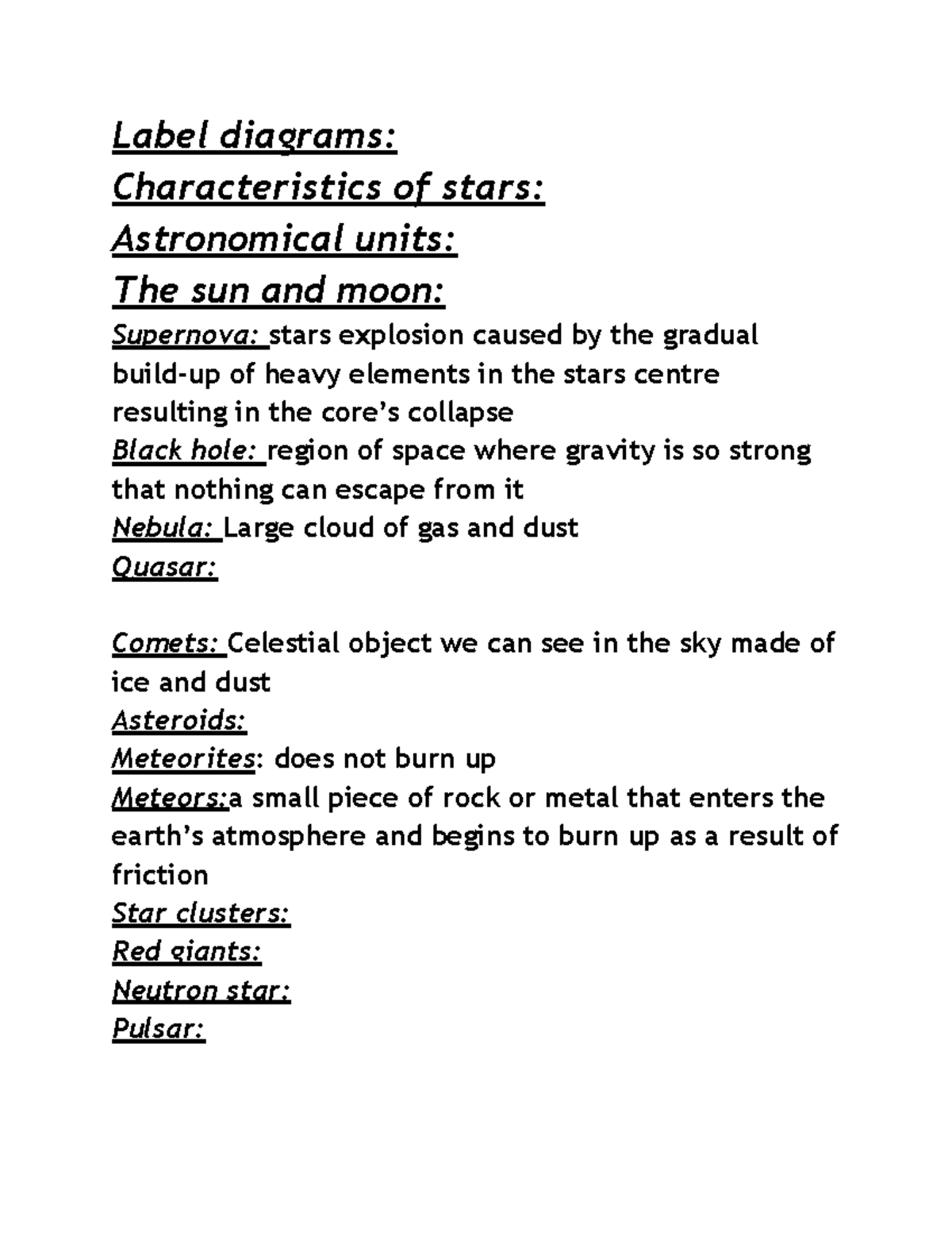 Astronomy Quiz Review: Characteristics of Stars & Celestial Objects ...