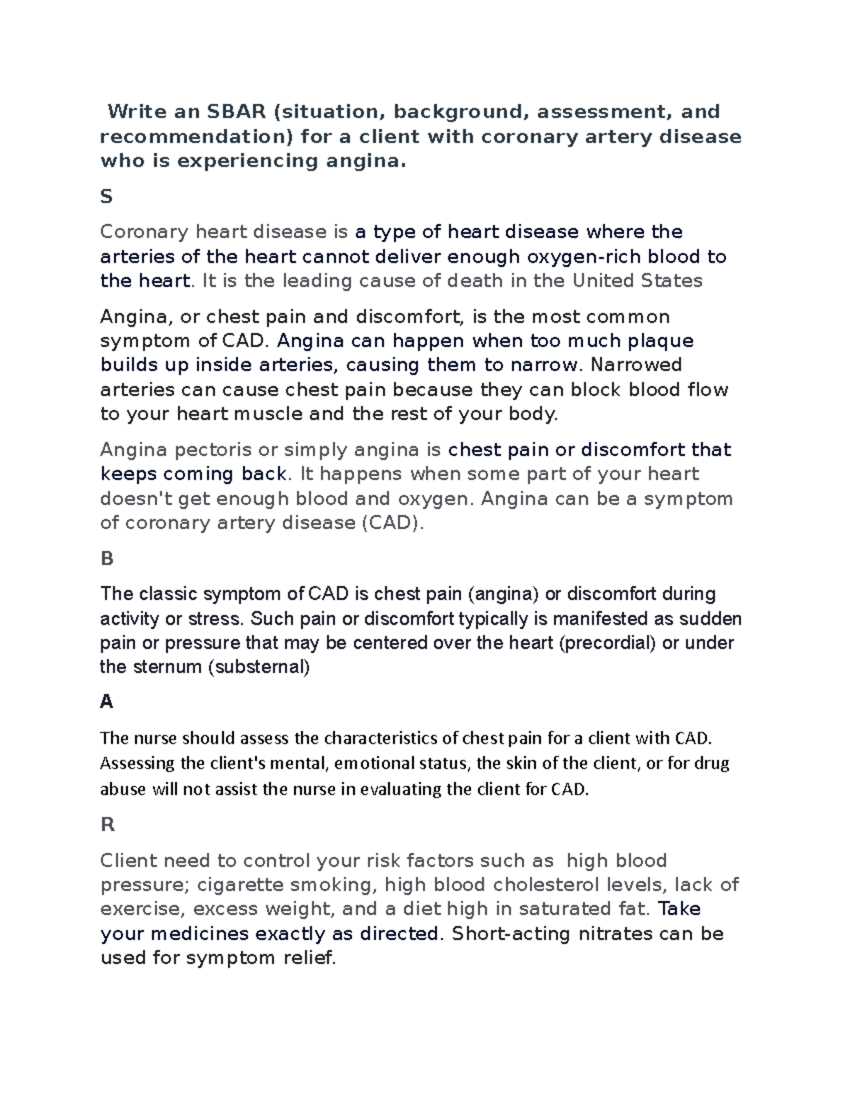 SBAR Analysis of Angina for Nursing Process in CAD Management - Studocu