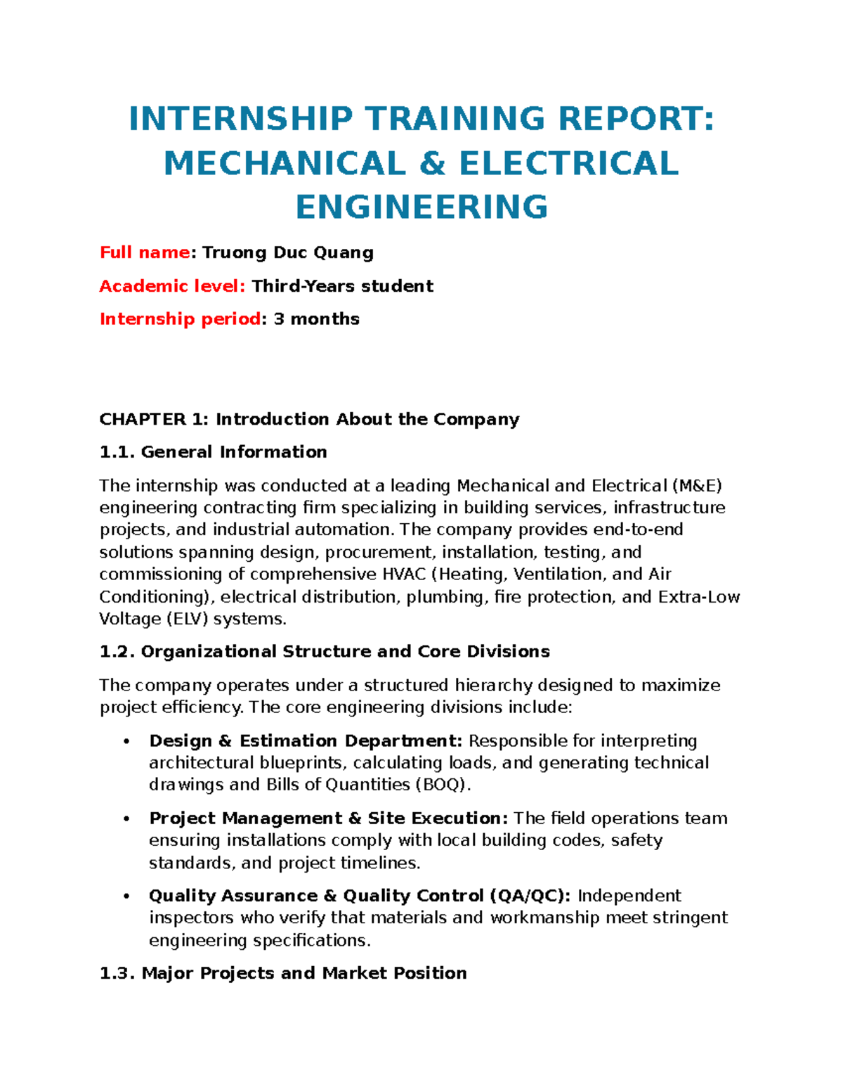 Training Process Report: Internship in Mechanical & Electrical Eng ...
