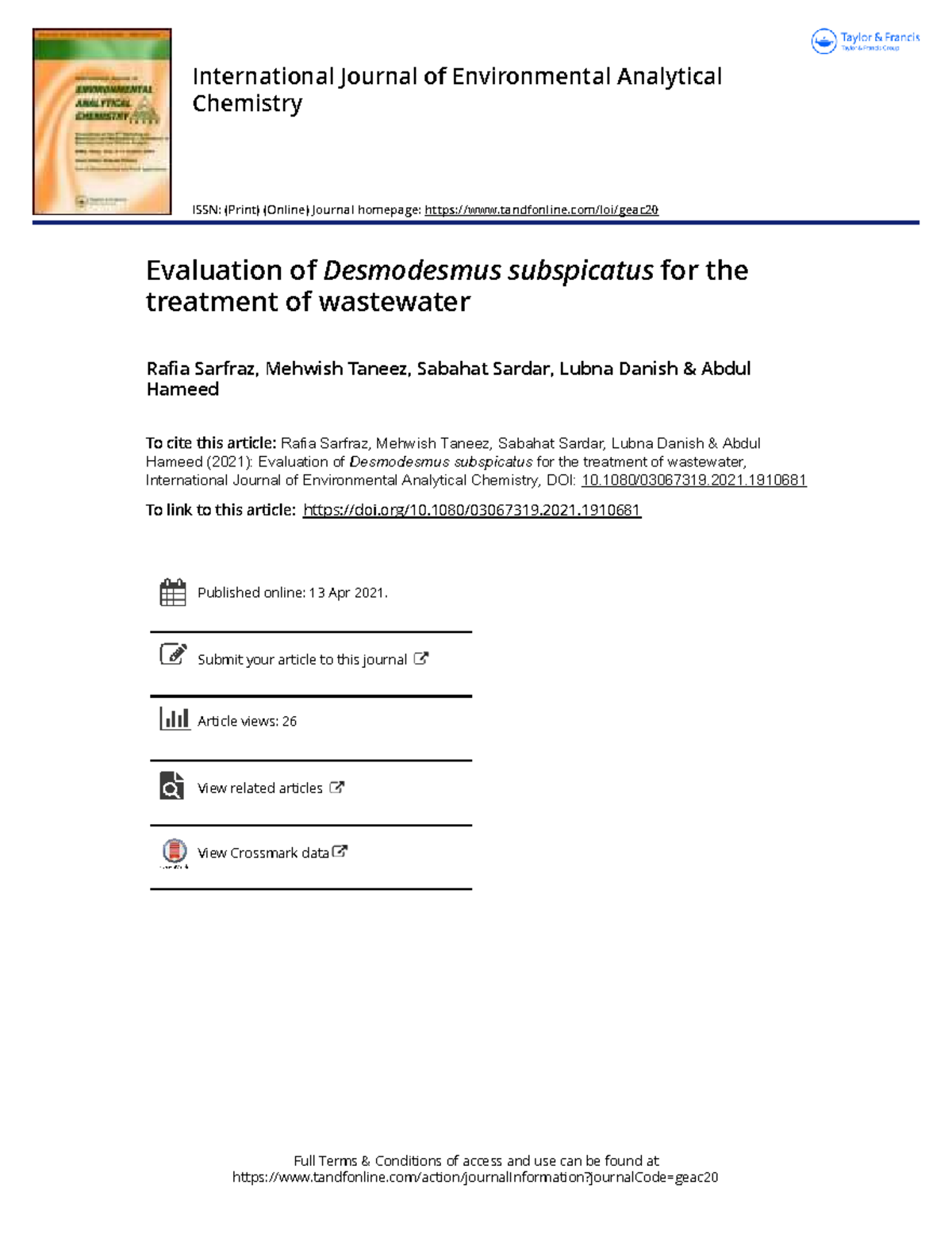 Evaluation of Desmodesmus subspicatus for Wastewater Treatment - Studocu