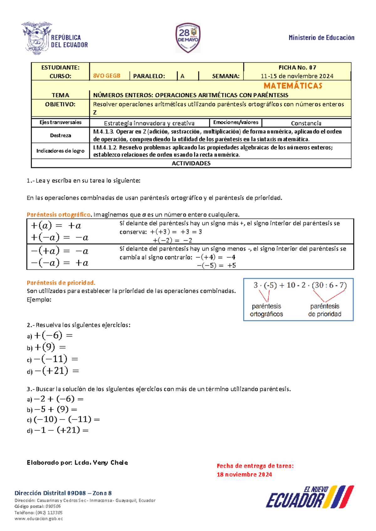 Ficha 07 - MAT8 - 8VO GEGB - Números Enteros y Operaciones Aritméticas ...