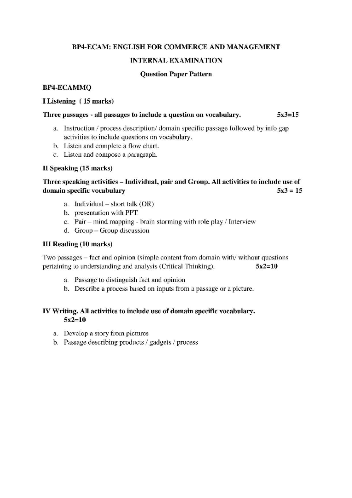 ENGLISH FOR COMMERCE AND MANAGEMENT INTERNAL EXAMINATION Model Question ...