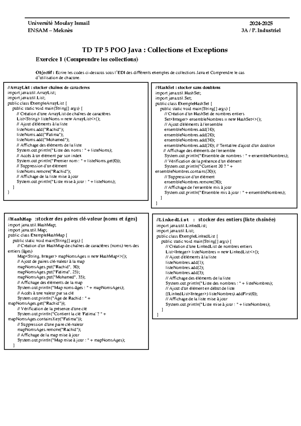 TD TP 5 POO Java : Collections et Exceptions - Exemples et Exercices ...