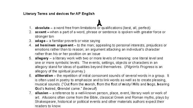 AP English A: Literary Terms and Devices Overview - Studocu
