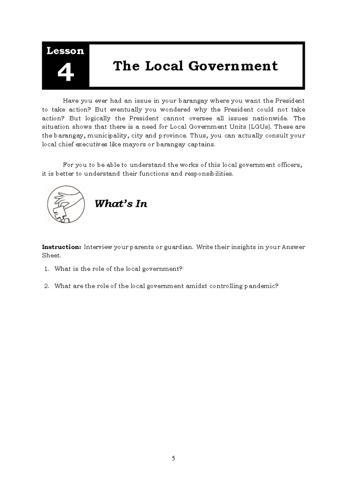 SHS 2 - PHil Pol Govt 11-12: Lesson on Local Government Roles ...