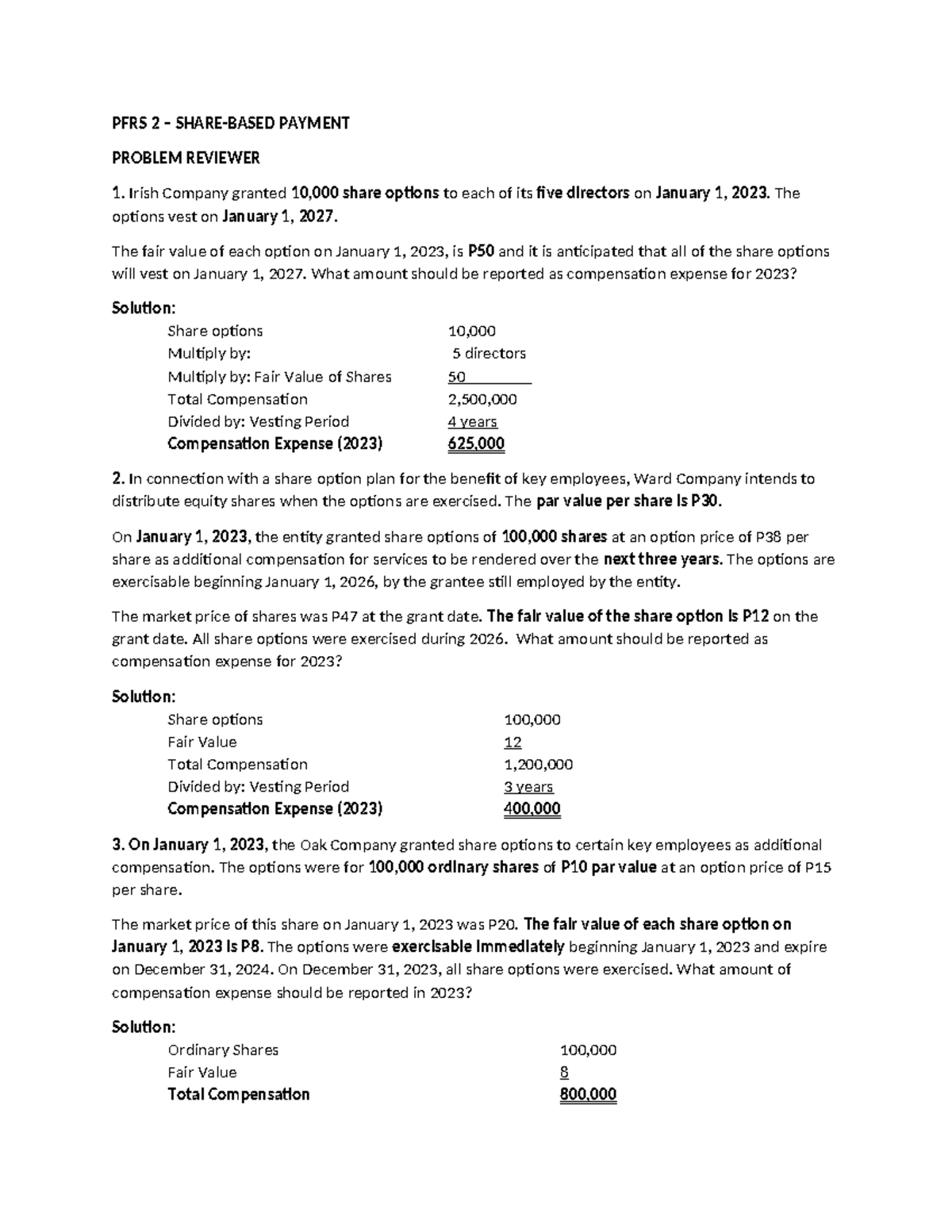 PFRS 2: Share-Based Payment Compensation Expense Problems - Studocu