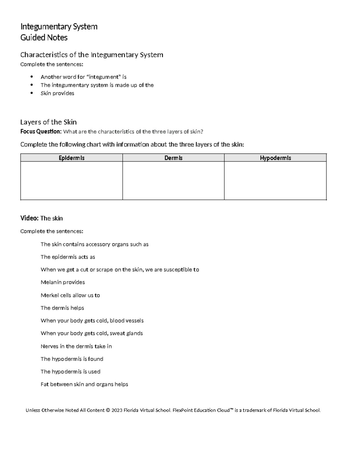Integumentary System Guided Notes (Biology 101) - Integumentary System ...
