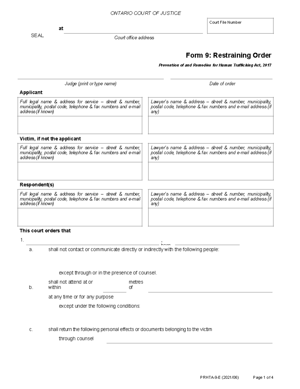 ONTARIO COURT OF JUSTICE Form 9A: Restraining Order Example - Studocu