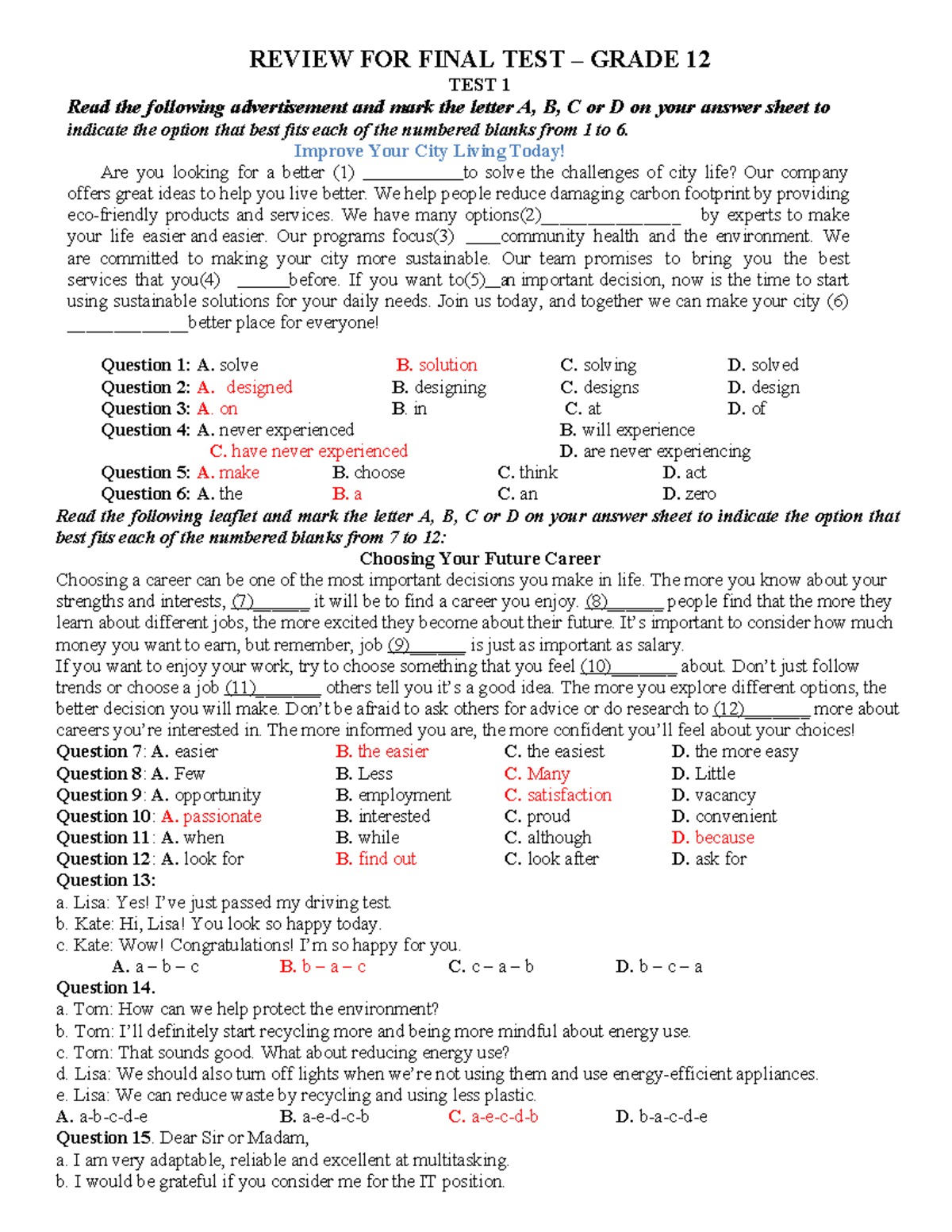 REVIEW FOR GRADE 12 FINAL TEST 1: Language & Career Choices - Studocu
