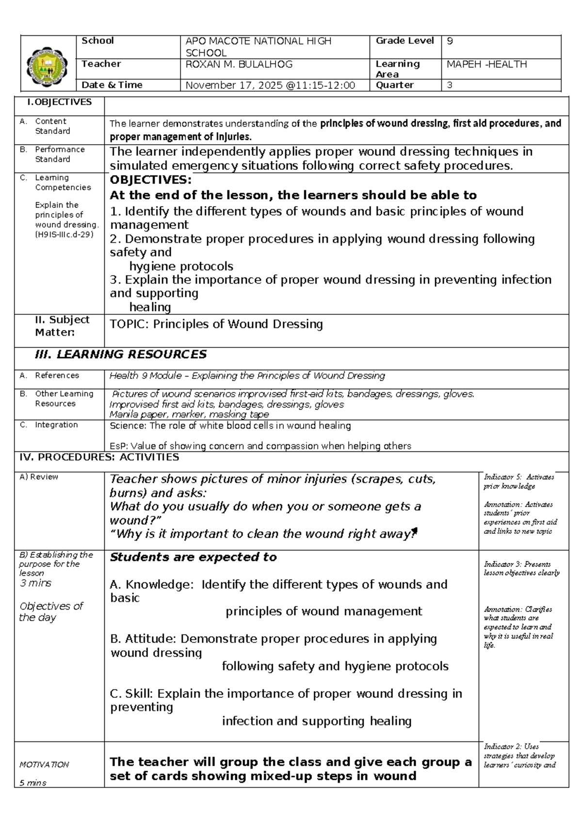 Health 9 DLP: Principles of Wound Dressing and First Aid Techniques ...