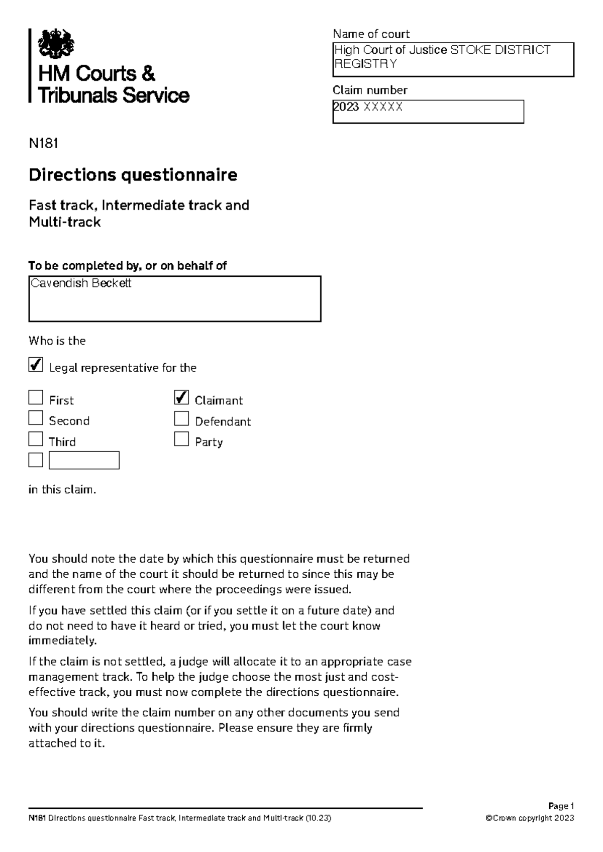 N181 1023 copy - N181 form - N181 Directions questionnaire Fast track ...