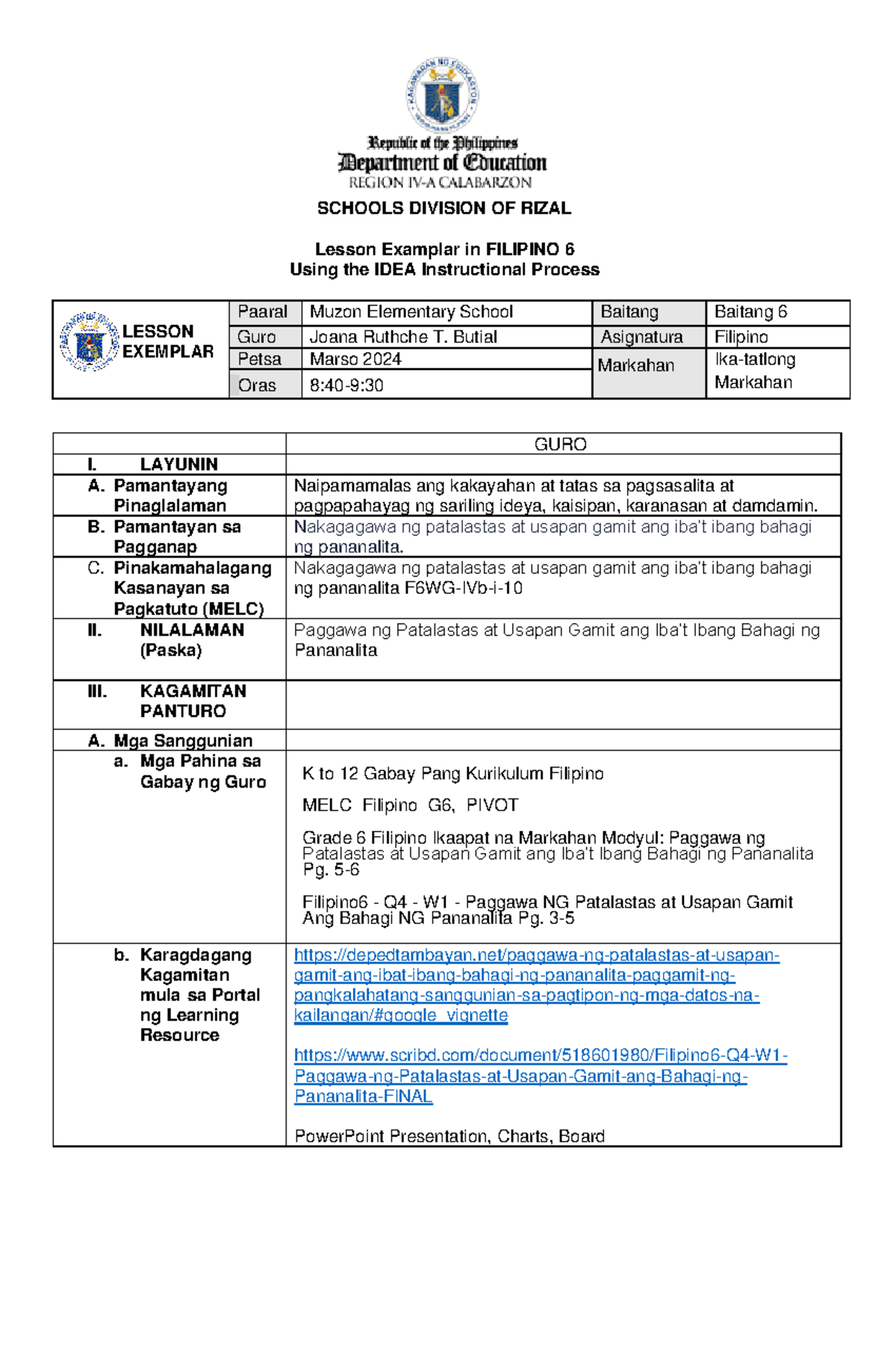 WEEK 001 Lesson Exemplar in Filipino 6 Q4: Pagsasalita at Patalastas ...