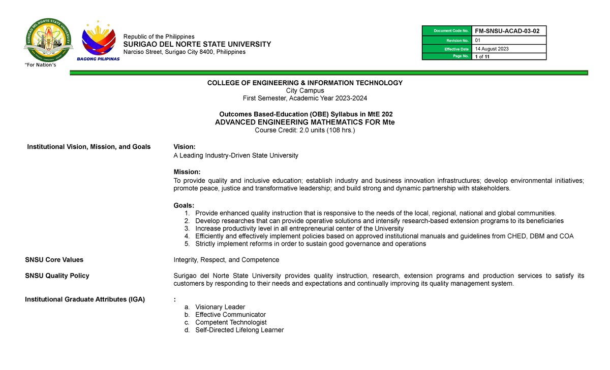 Mechatronics Engineering Syllabus Mte 202 Advanced Mathematics 2023 ...