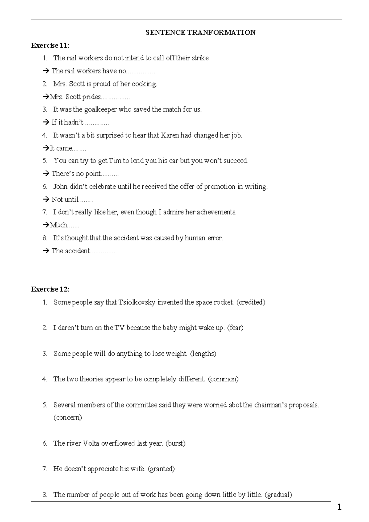 SENTENCE TRANSFORMATION Exercises 11-20: Practice & Solutions - Studocu
