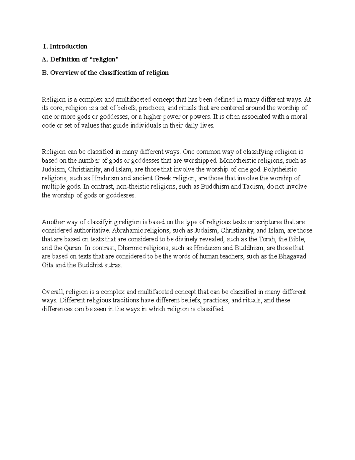 Notes on the classification of religion - I. Introduction A. Definition ...