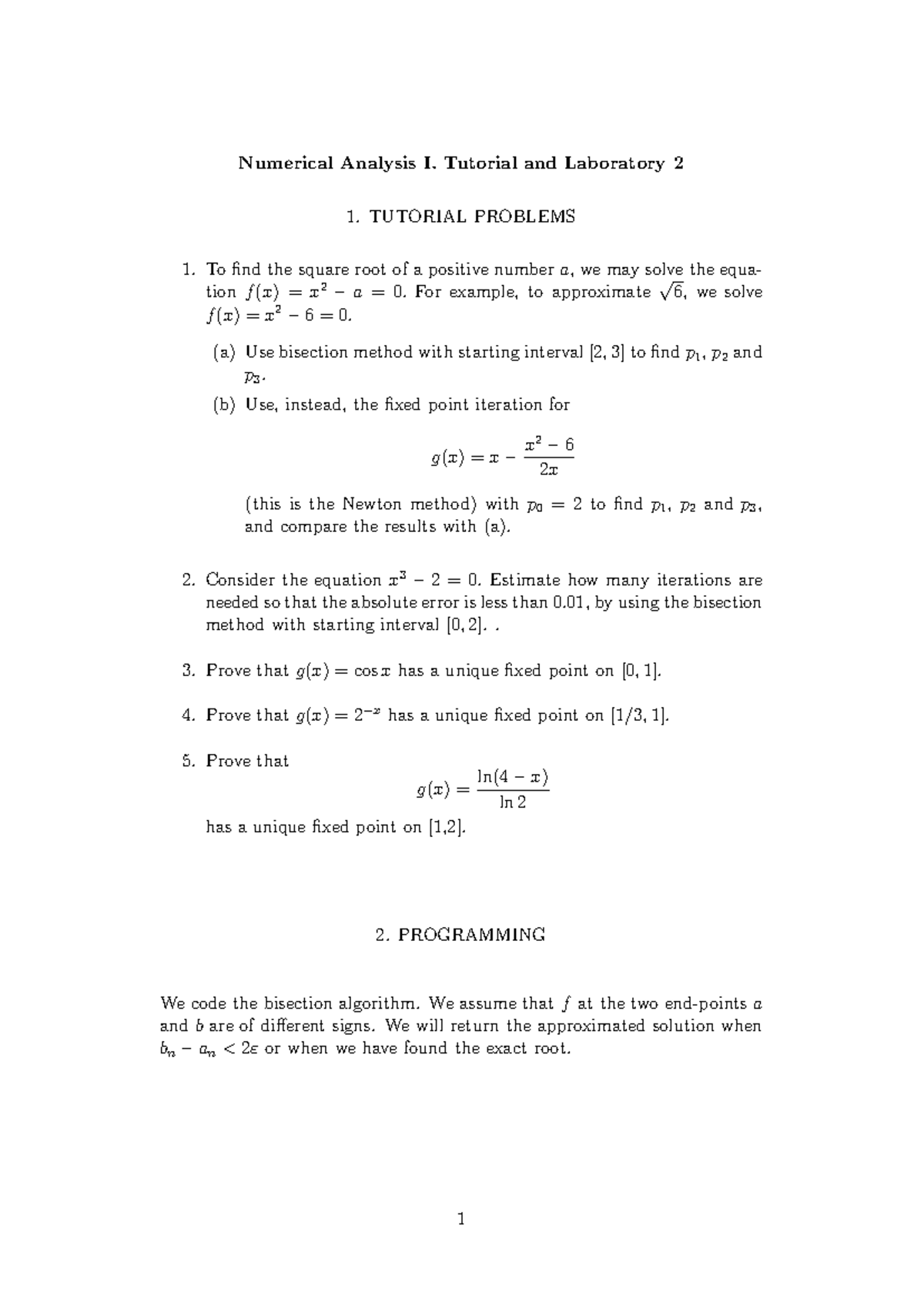 MH3700 Numerical Analysis I: Tutorial 2 Problems and Solutions - Studocu