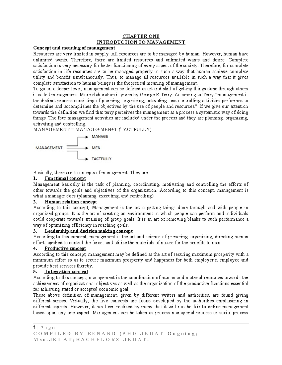 PPM notes 1 1 - Knec papers - CHAPTER ONE INTRODUCTION TO MANAGEMENT ...