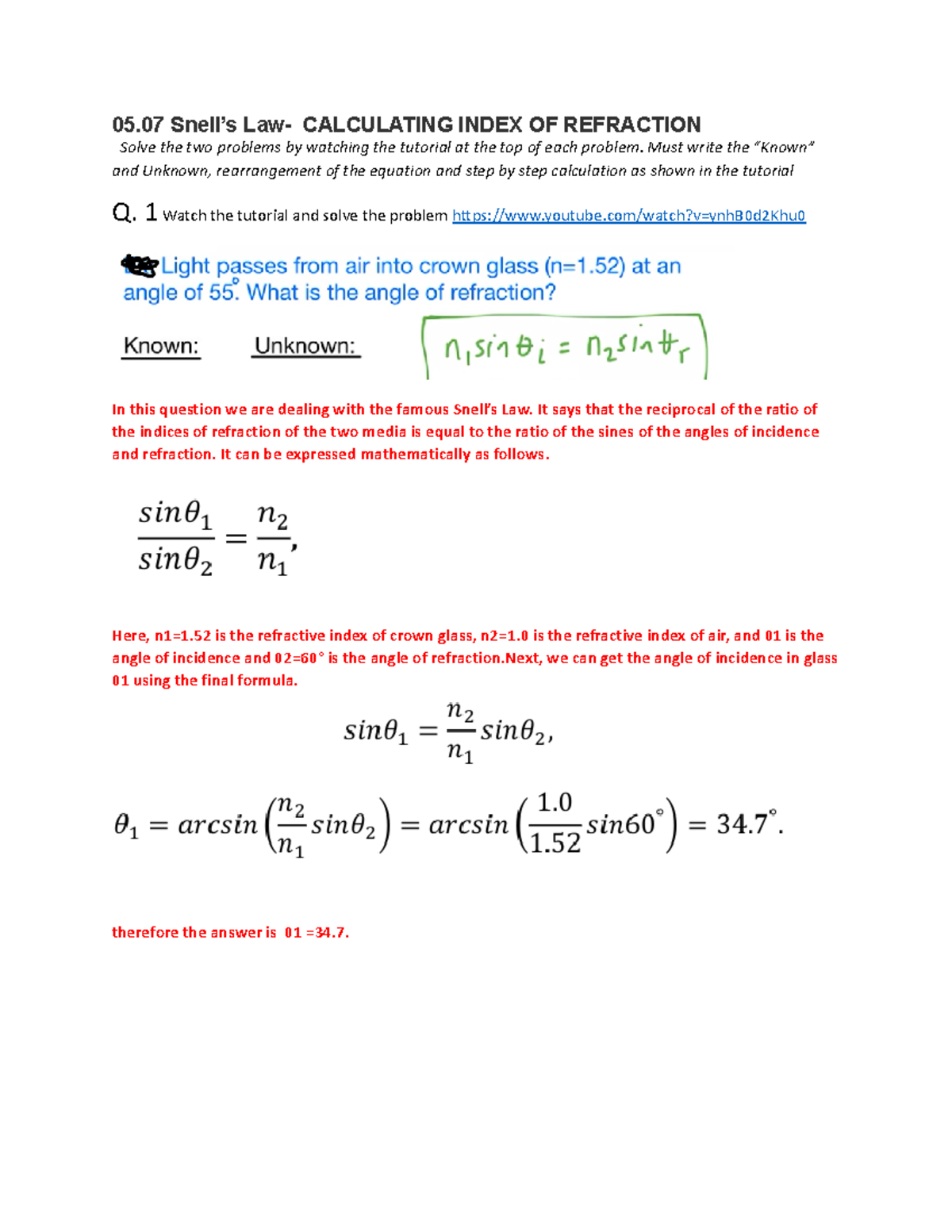 0507 Snell's Law: Index of Refraction Calculation Guide - Studocu