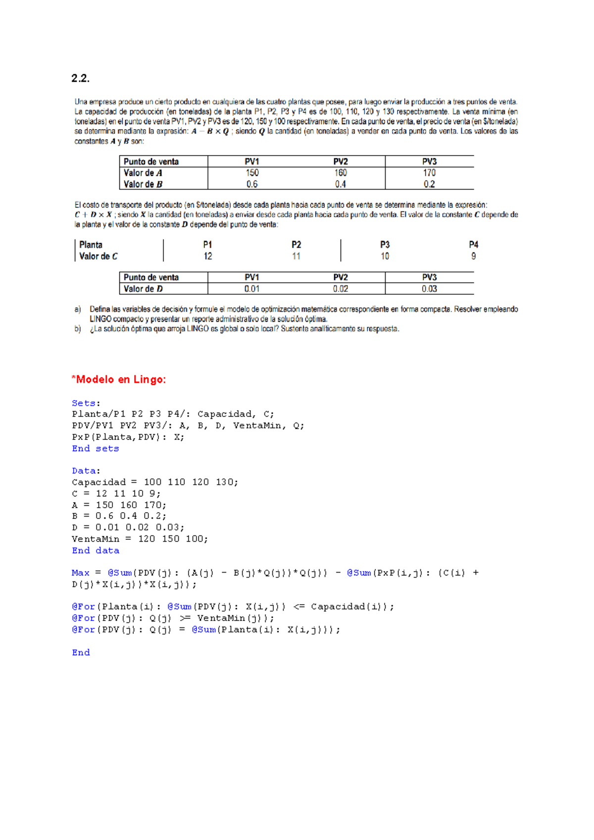 Ejercicios 2: Análisis de Modelos No Lineales en Lingo (QP, NLP) - Studocu