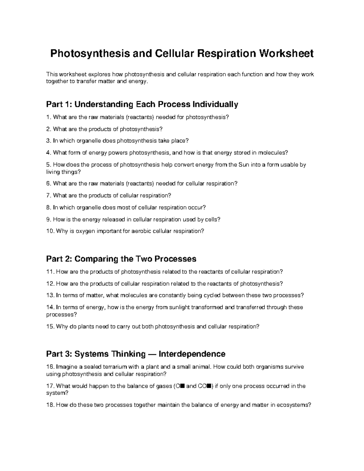 Photosynthesis & Respiration Worksheet: Understanding Processes - Studocu