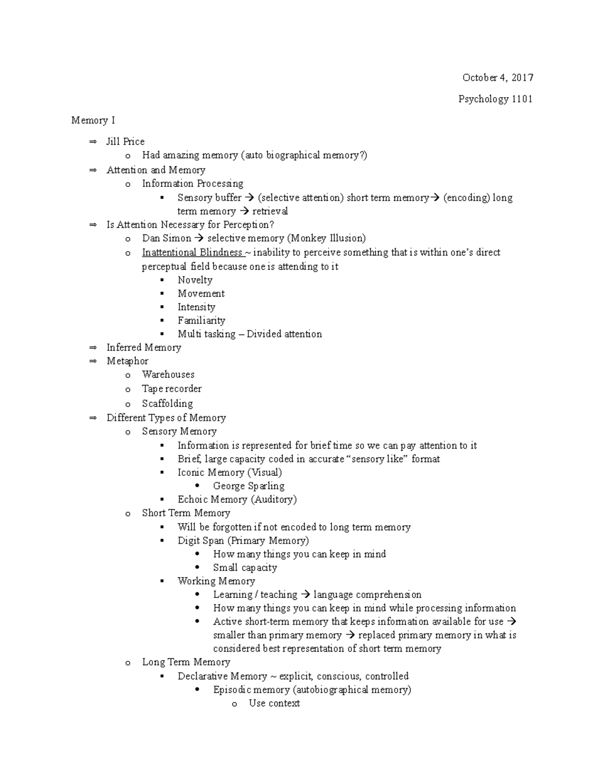 Memory I - October 4, 2017 Psychology 1101 Memory I Jill Price o Had amazing memory (auto - Studocu