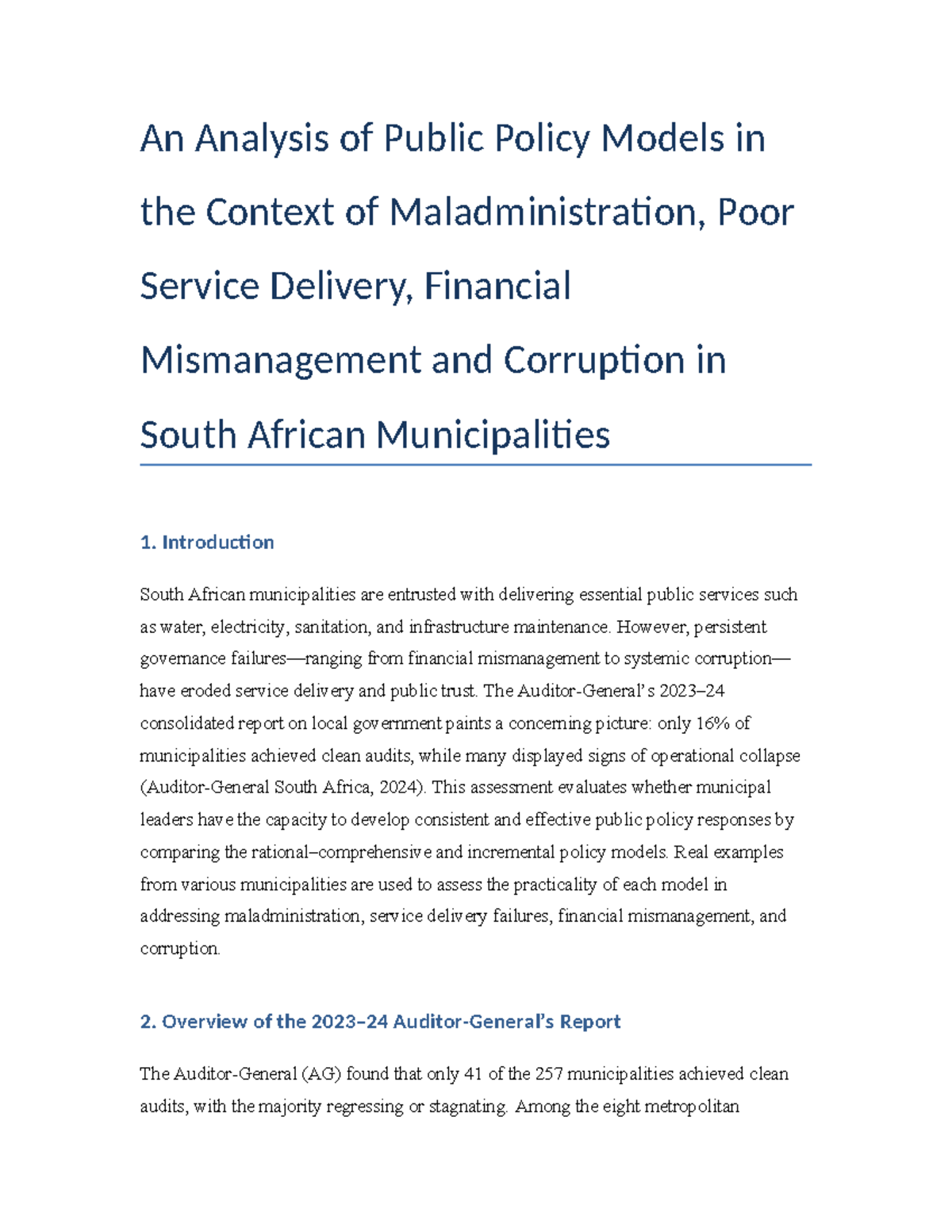 Public Policy Models Assessment: Maladministration & Service Delivery ...