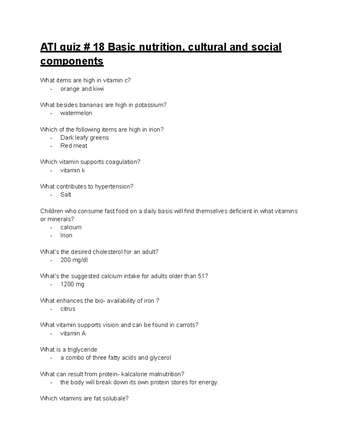 ATI Quiz #18: Key Concepts in Basic Nutrition and Health - Studocu