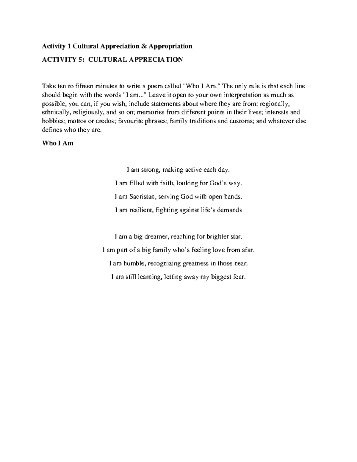 Activity 1 Cultural Appreciation - Activity 1 Cultural Appreciation ...