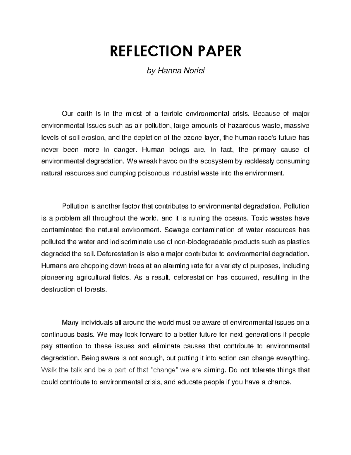 Noriel Reflection Paper - REFLECTION PAPER by Hanna Noriel Our earth is ...