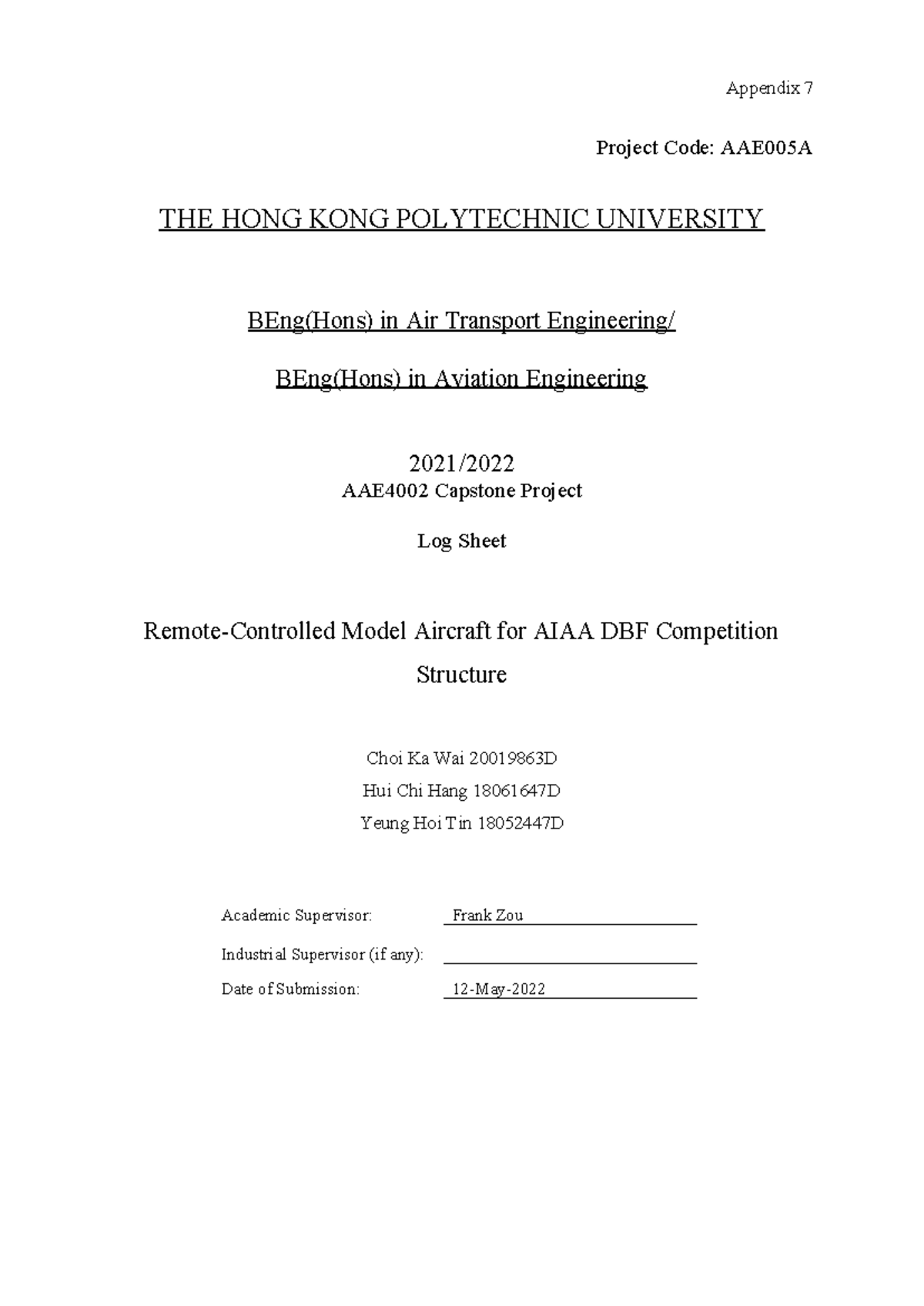 AAE4002 Capstone Project Log Sheet for Model Aircraft (AAE05a) - Studocu