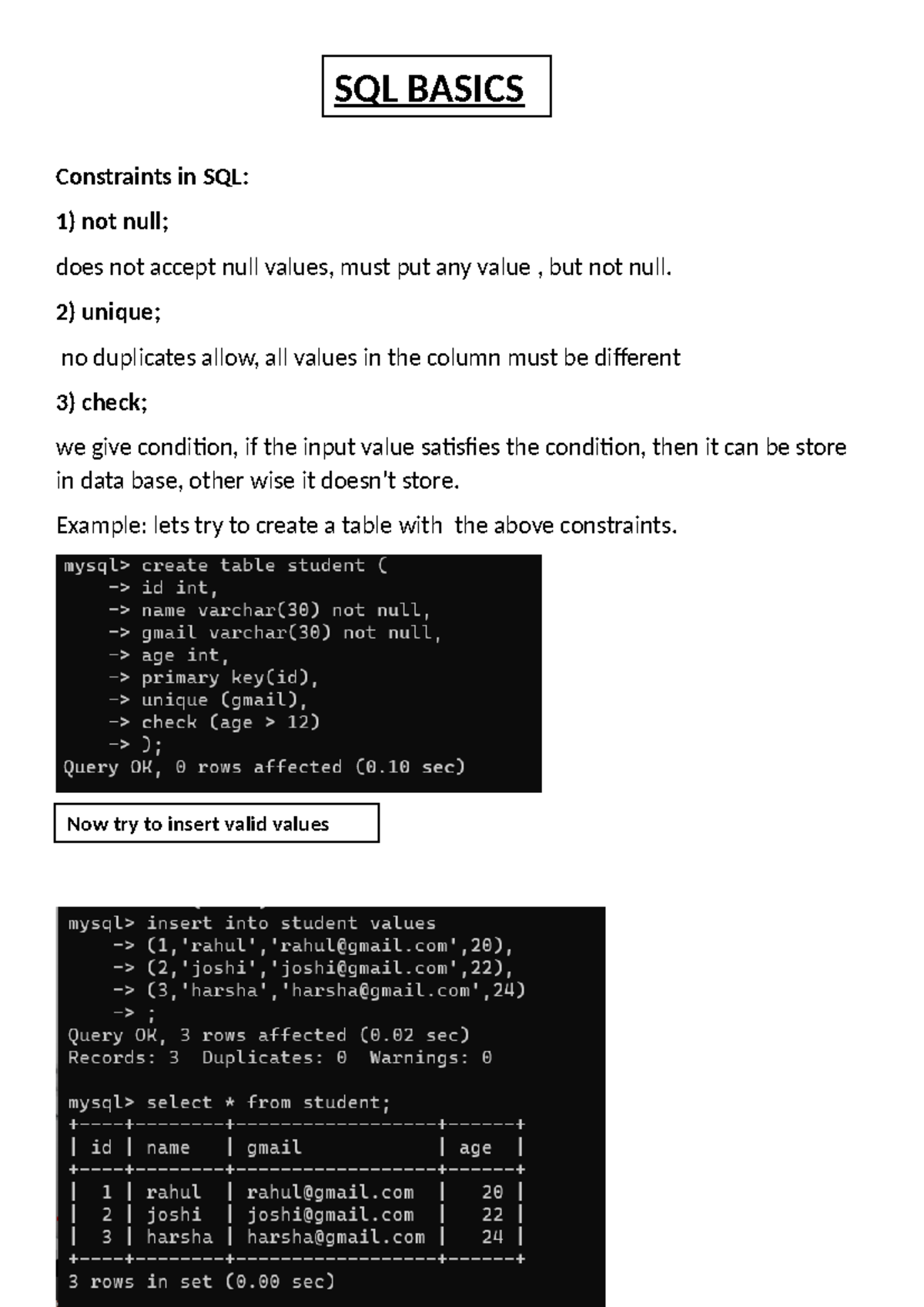 Sql - notes of sql - Constraints in SQL: not null; does not accept null ...