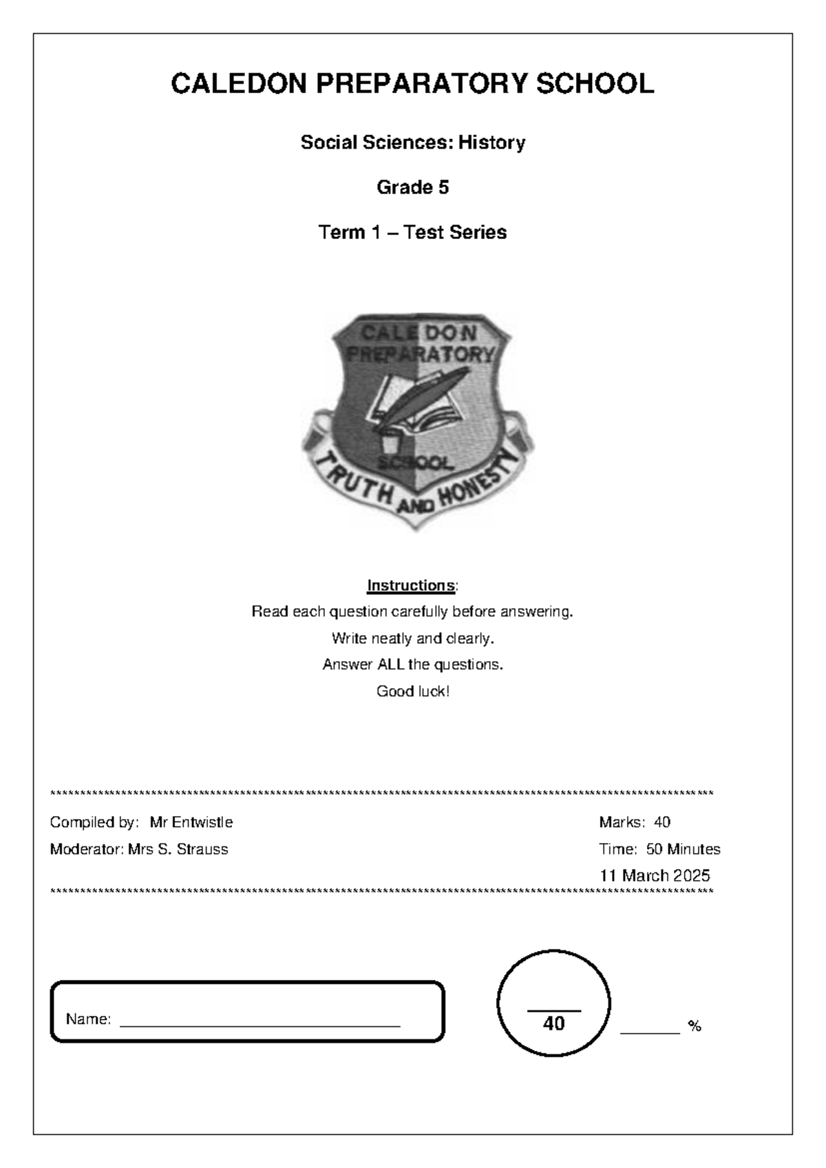 Grade 5 History Term 1 Test 2025 - Social Sciences Assessment - Studocu