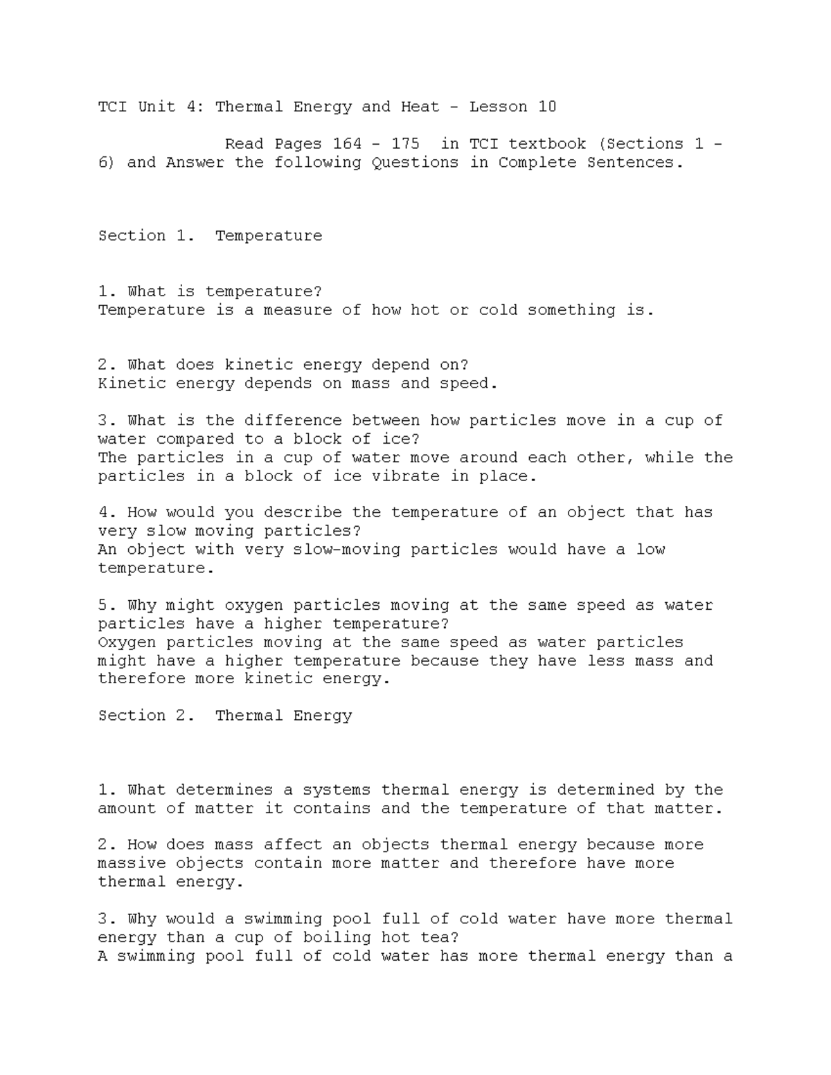 TCI Unit 4: Thermal Energy and Heat - Lesson 10 Answer Key - Studocu