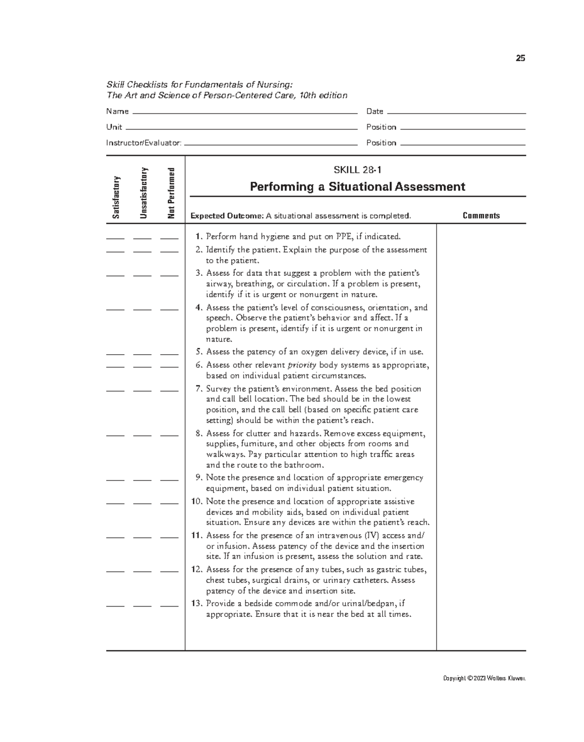 25 Skill Checklists for Nursing (NUR 101): Situational Assessment ...