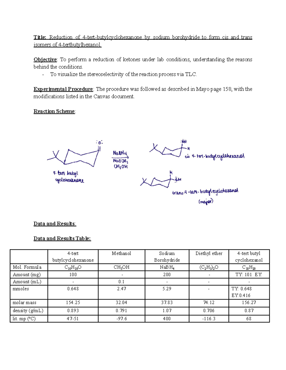Module 6 Lab Report: Reduction of 4-tert-butylcyclohexanone to Isomers ...