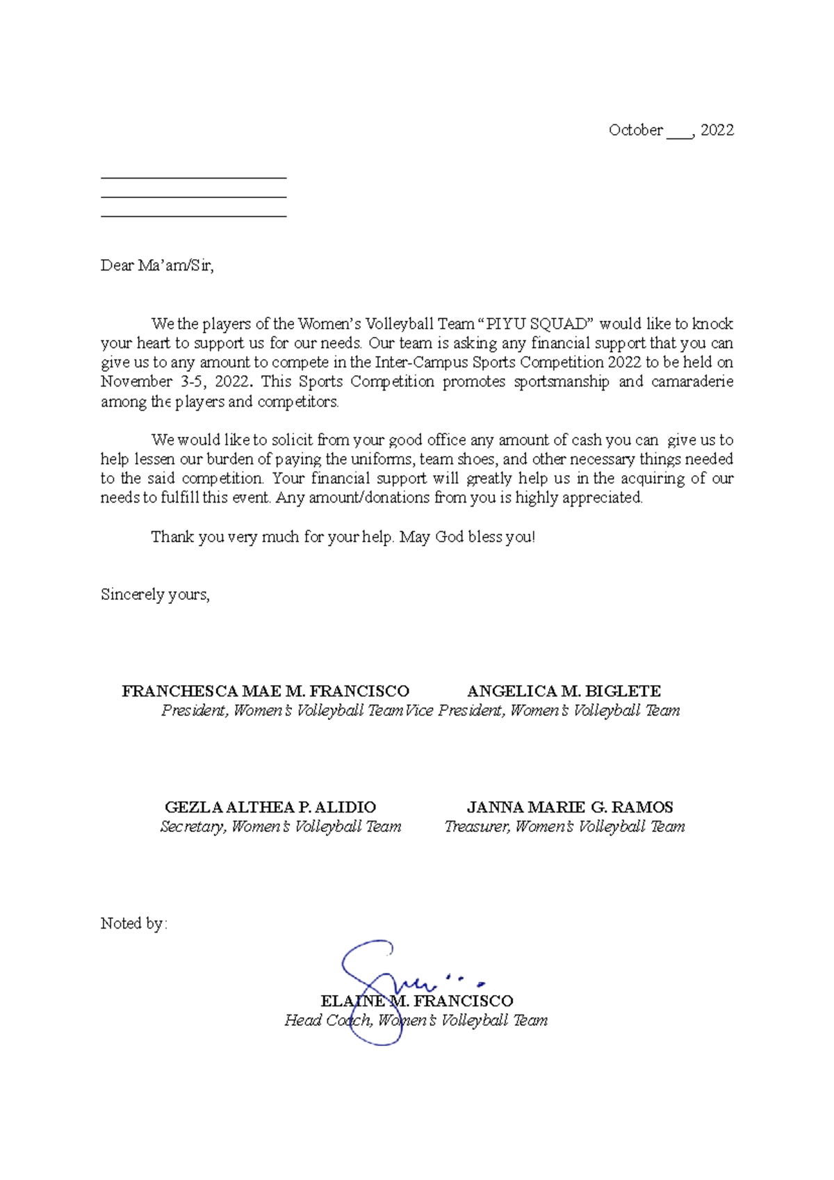 Solicitation Letter for Financial Support - Women's Volleyball Team ...