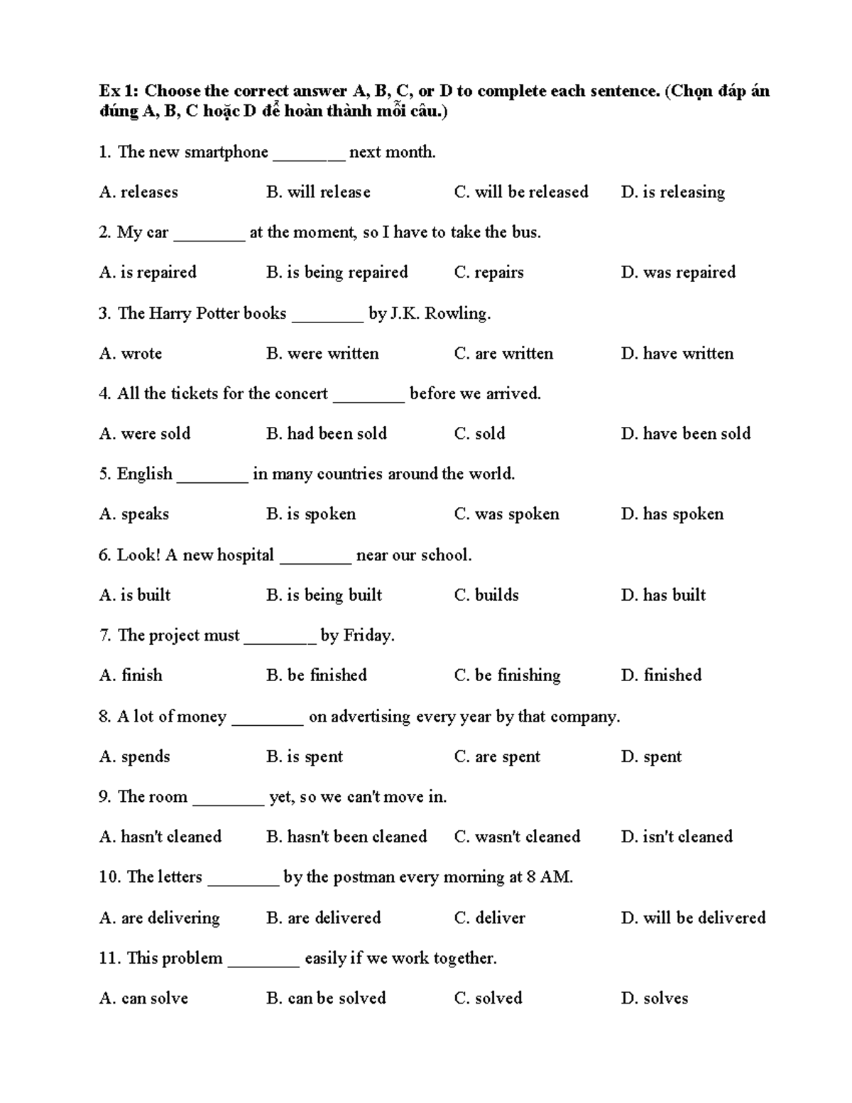 Bài Tập Bị Động: Luyện Tập Câu Bị Động (Ex 1-5) - Studocu