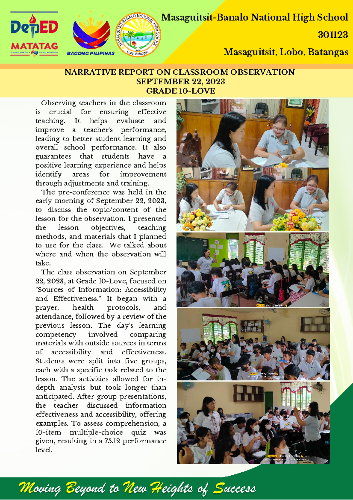 CO 1st 23-24 Narrative Report on Classroom Observation - Grade 10 Love ...
