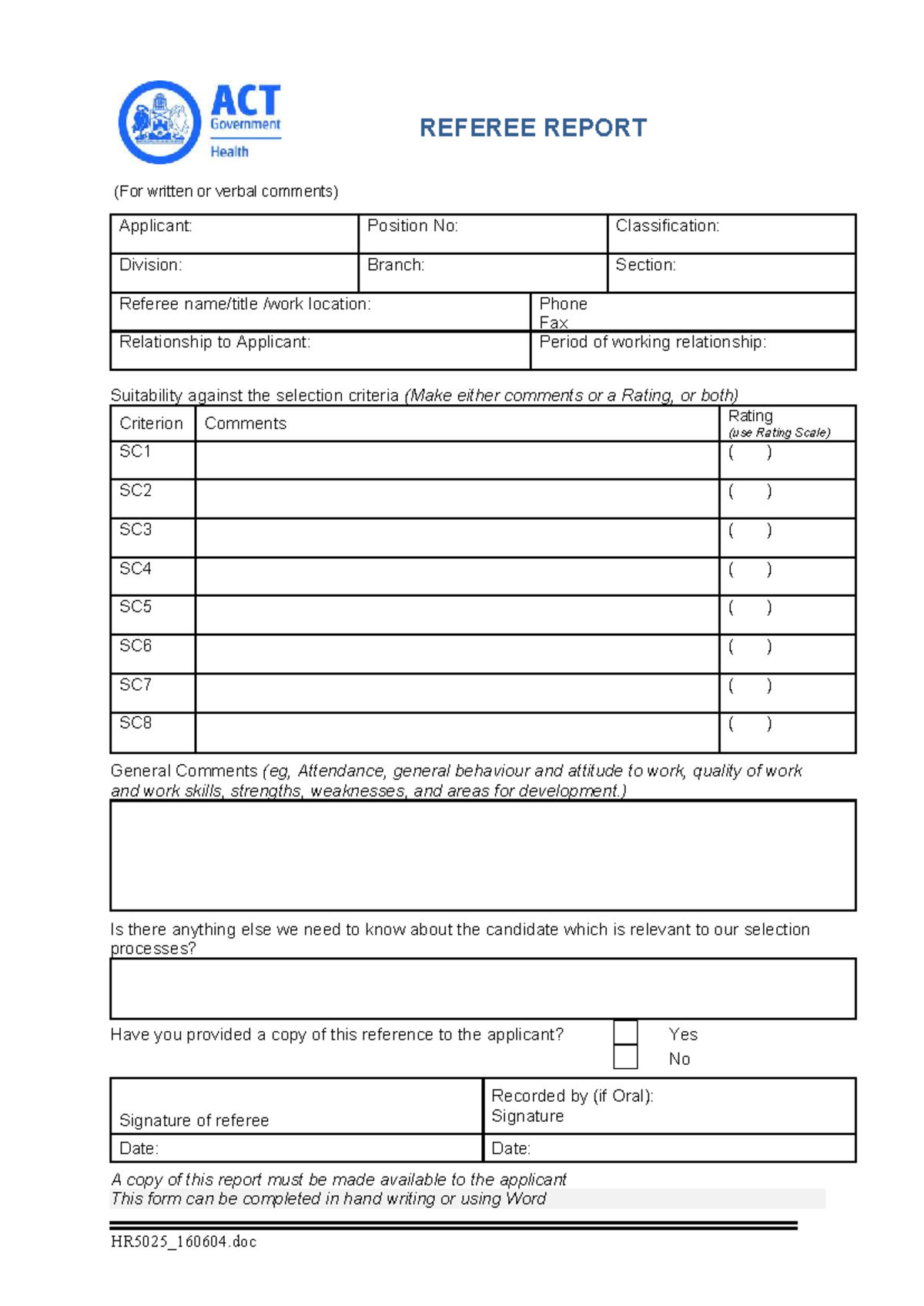 Referee Report for Applicant Evaluation - HR5025 - Studocu