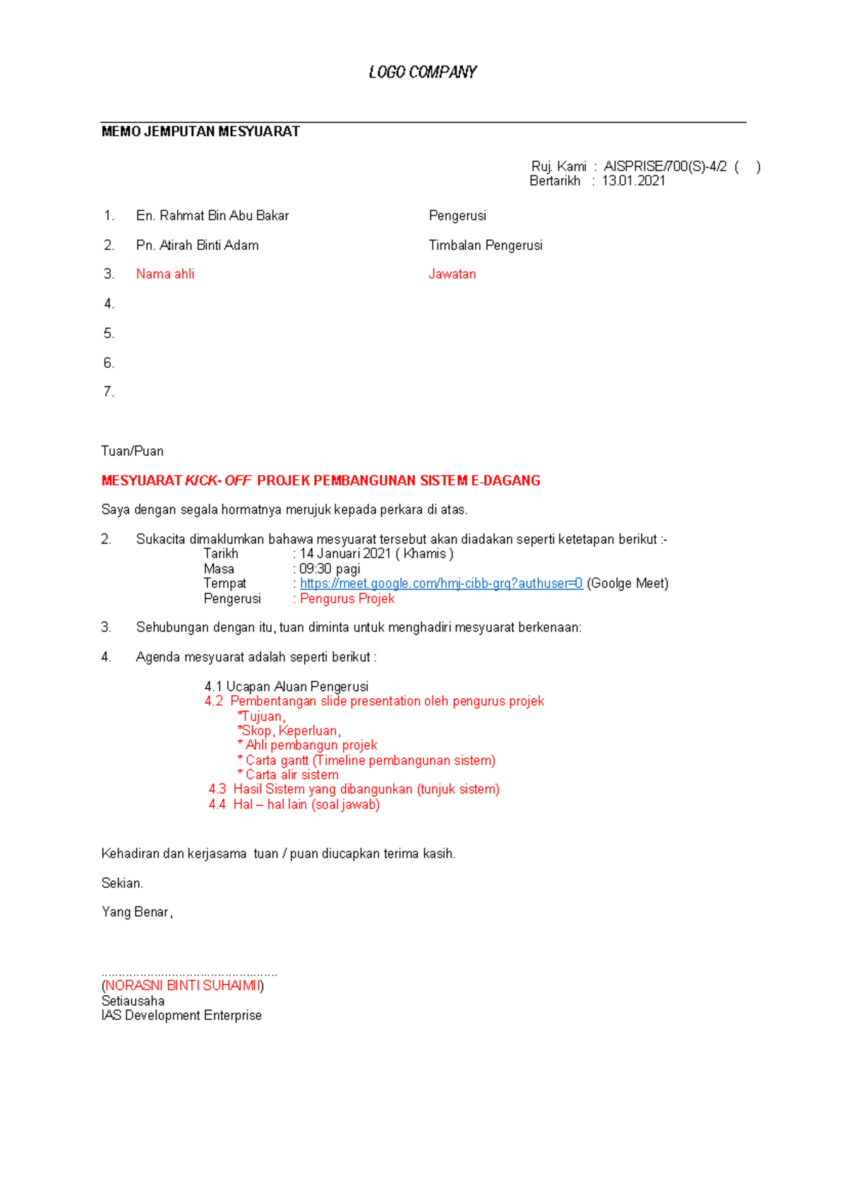 Memo Jemputan Mesyuarat E-Dagang Kick-Off - AISPRISE/700(S)-4/2 - Studocu