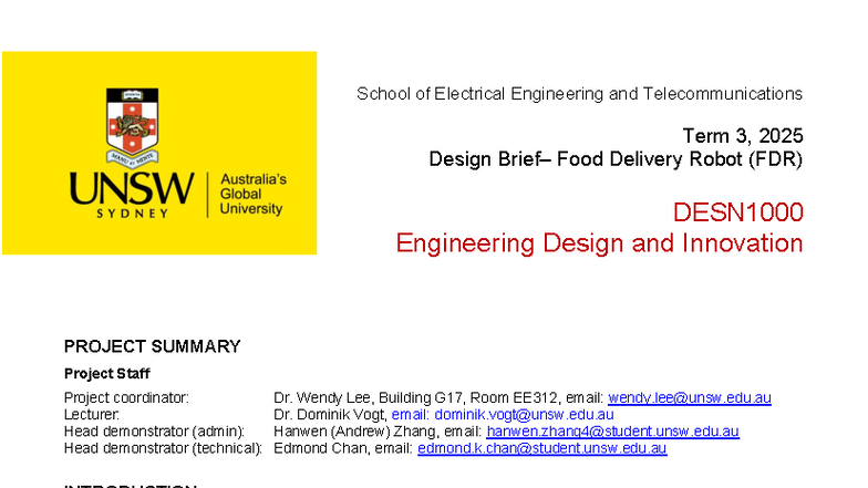 DESN1000 T3 2025 Food Delivery Robot (FDR) Project Overview - Studocu