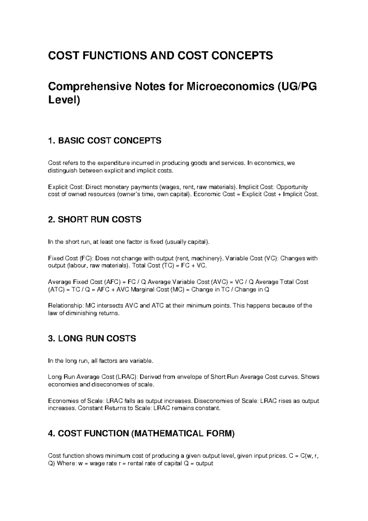 COST FUNCTIONS AND COST CONCEPTS: Microeconomics Notes - Studocu