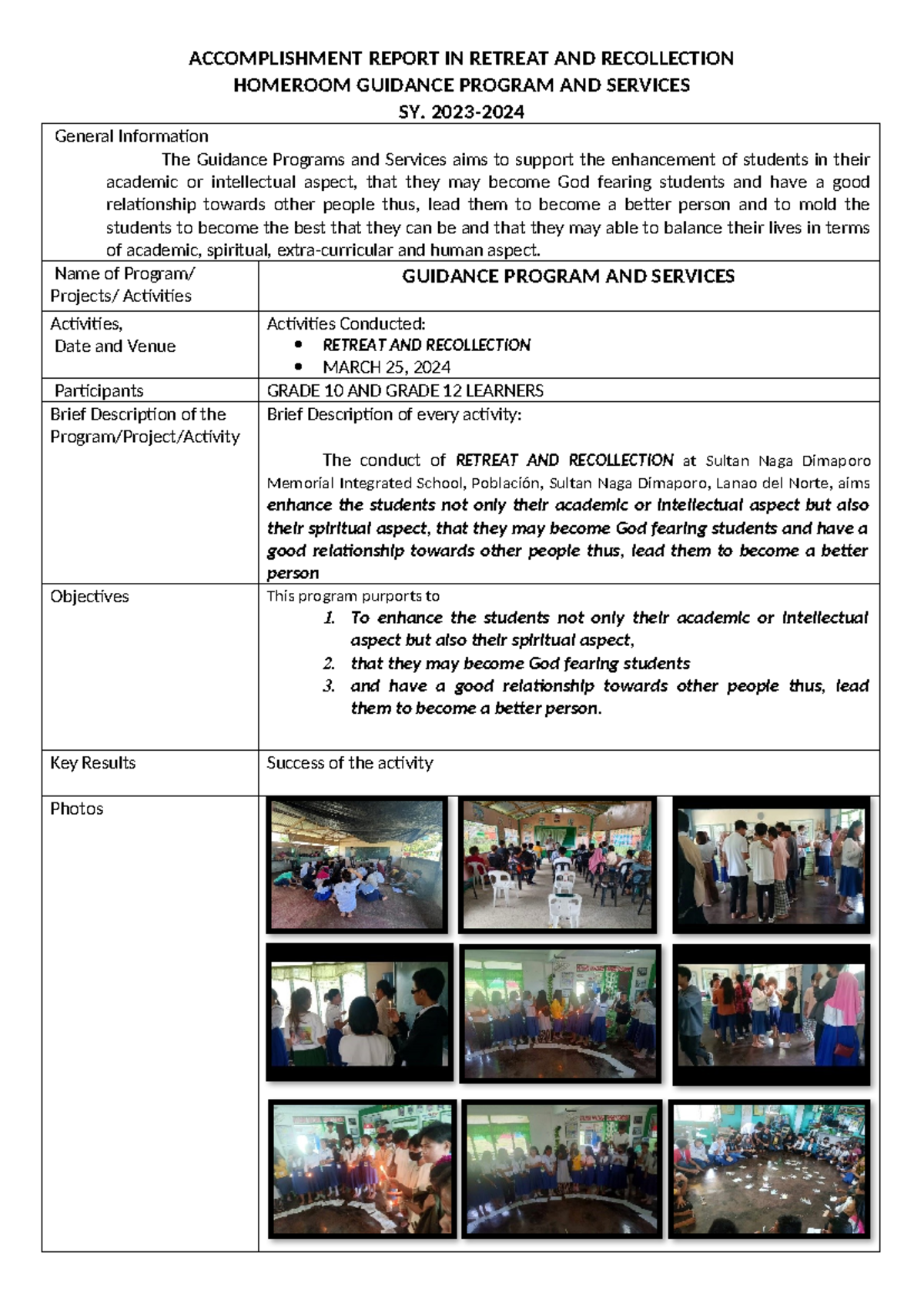 Accomplishment Report: Retreat and Recollection (SY 2023-2024) - Studocu