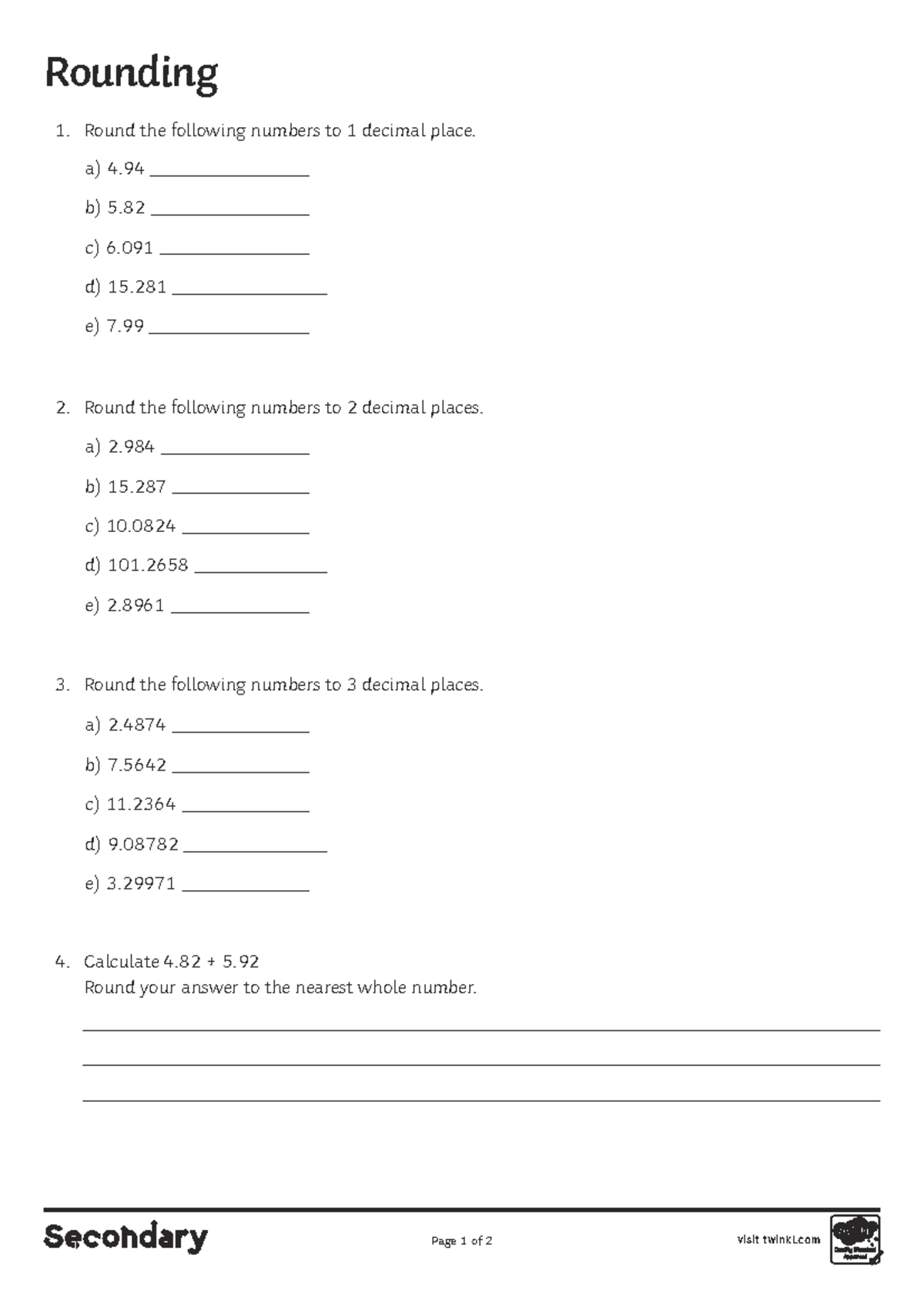 Rounding to Decimal Places: Middle Ability Activity Sheet - Studocu
